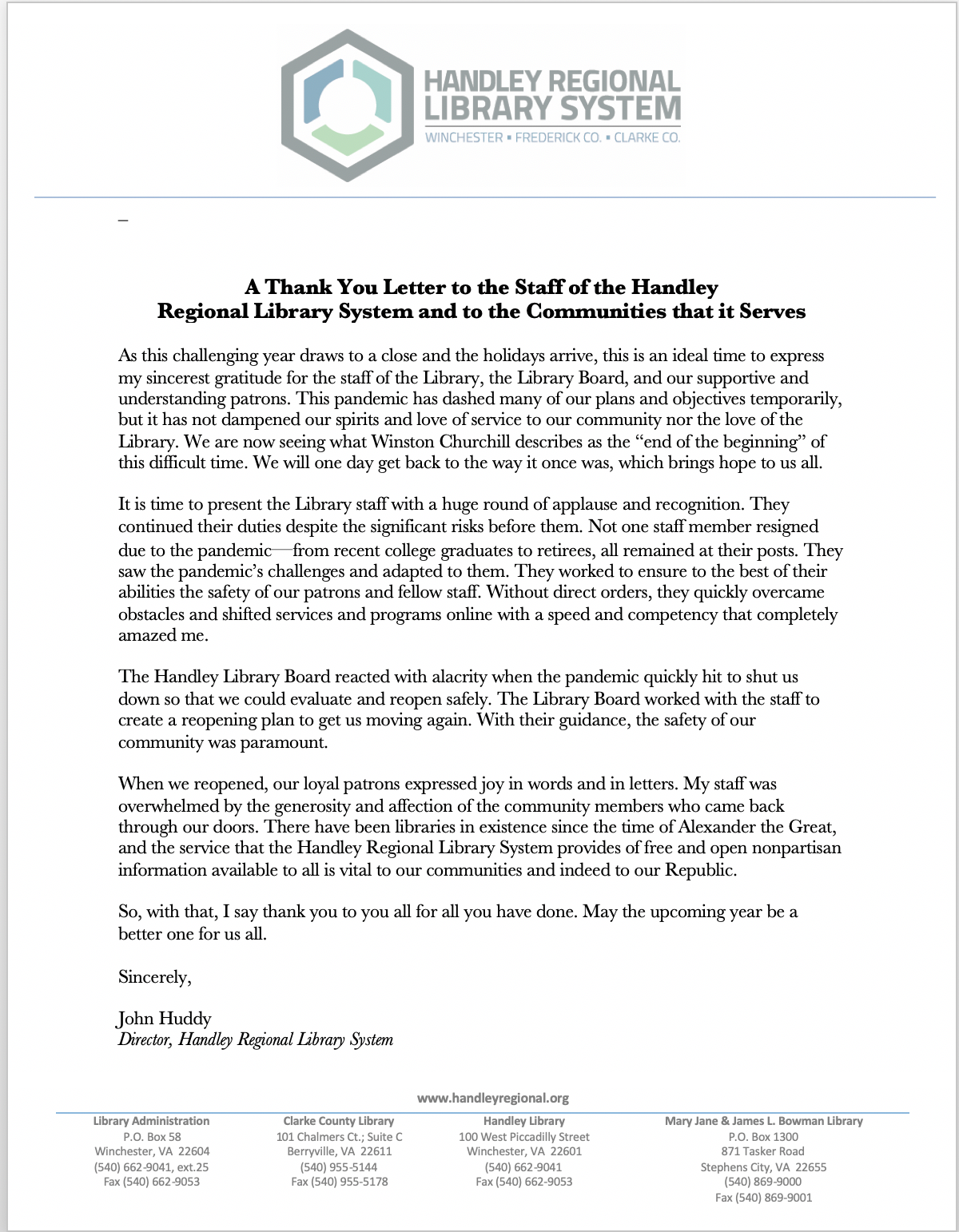 Thank You Letter from Our Director | Handley Regional Library System
